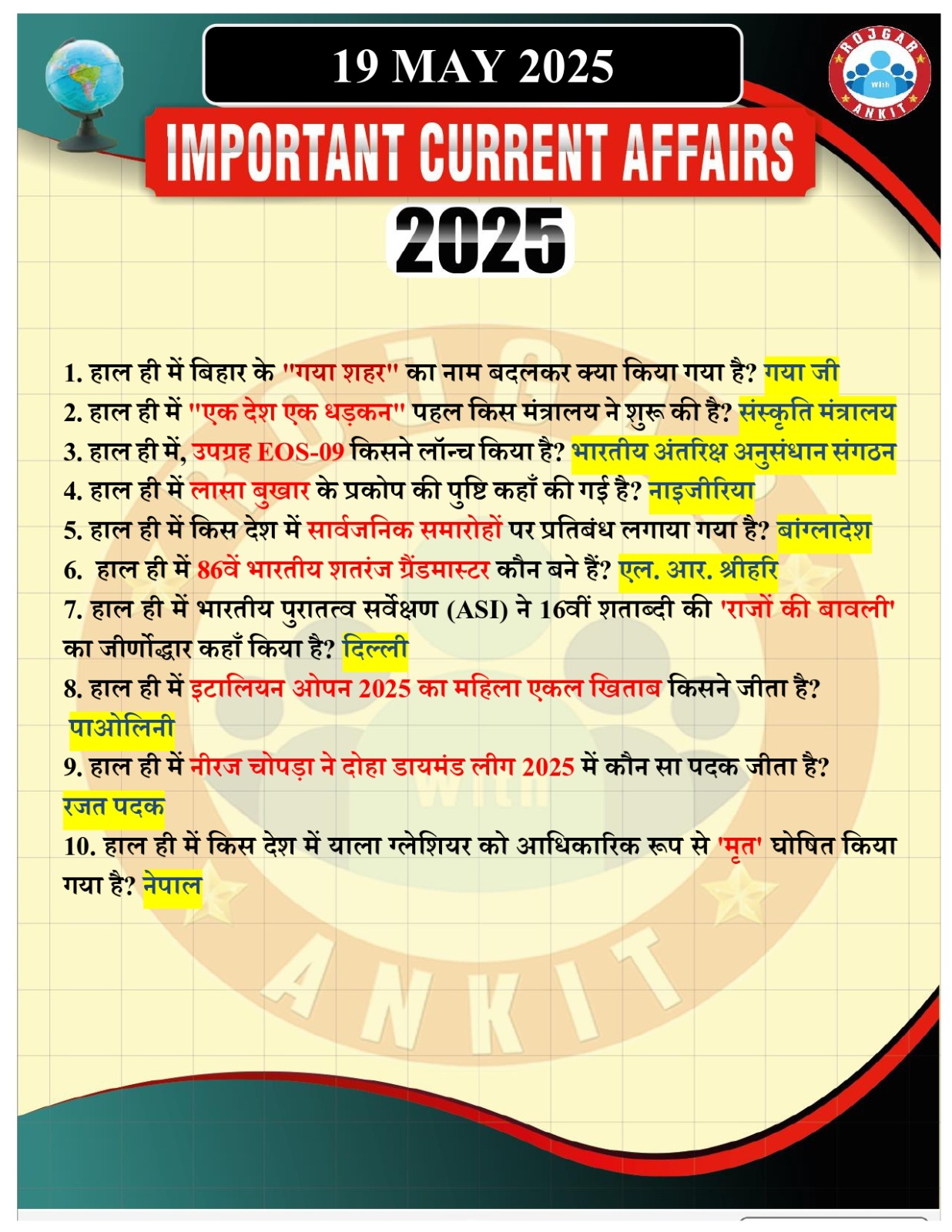 19 May Current Affairs Rojgar With Ankit 2025