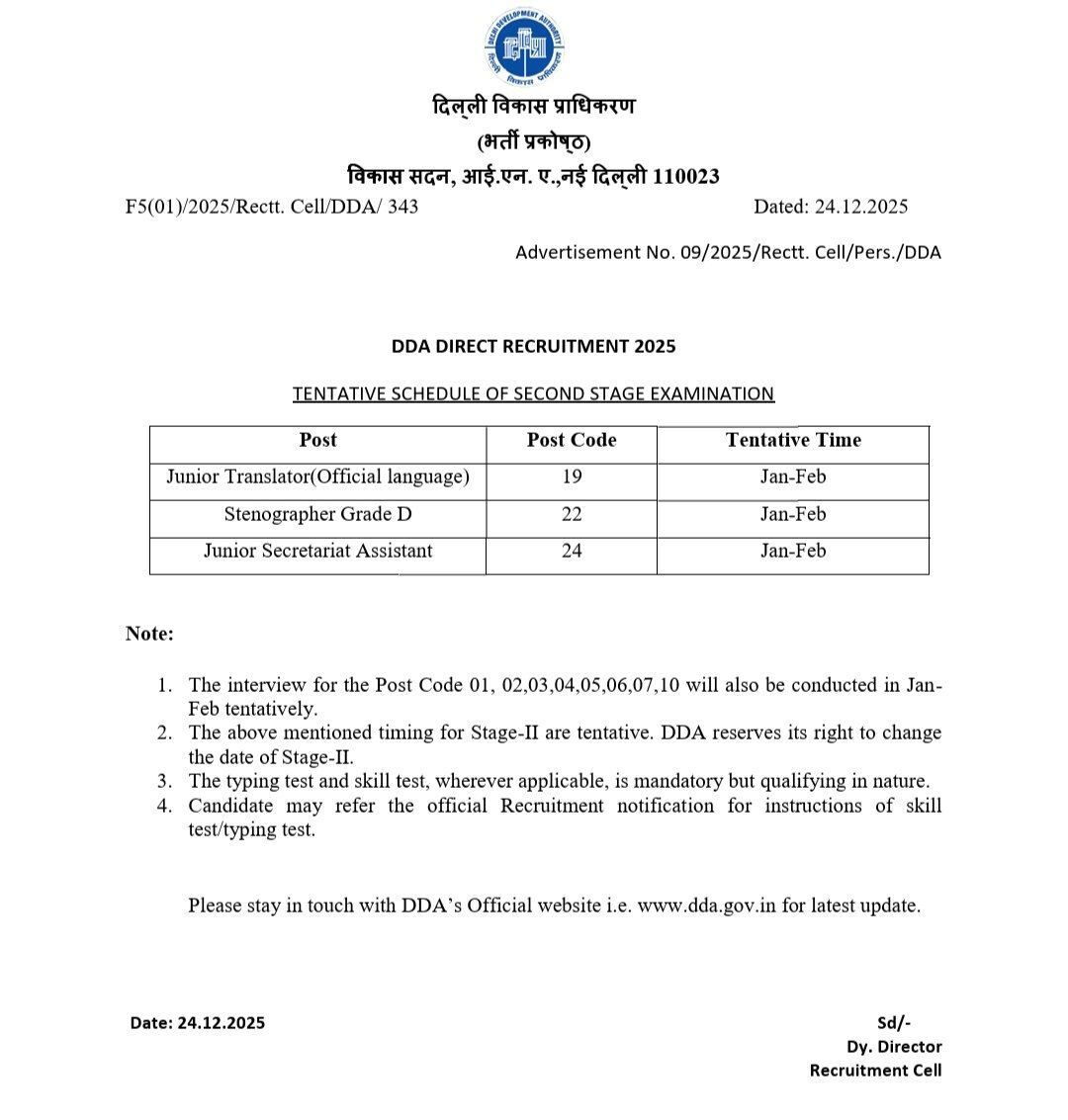 DDA Tier-II Exam Date 2025 Out
